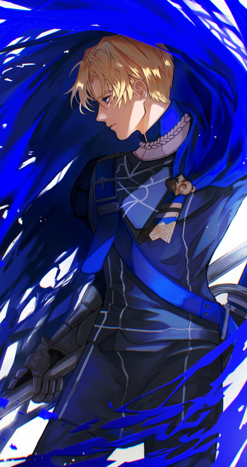 Safebooru - 1boy absurdres armored gloves black jacket black pants blonde hair blue cape blue ...