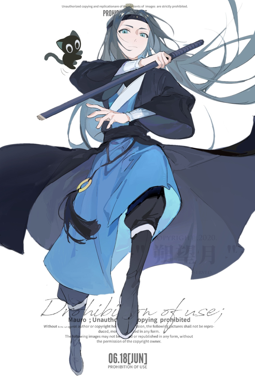 Safebooru - 1boy black cat black coat black footwear black headband black pants blue eyes blue ...