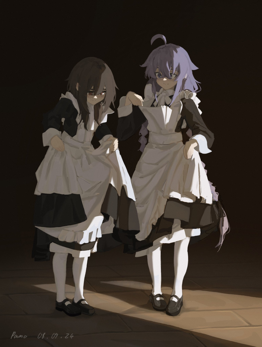 Safebooru - 2girls ahoge alternate costume apron apron hold black dress black footwear black ...