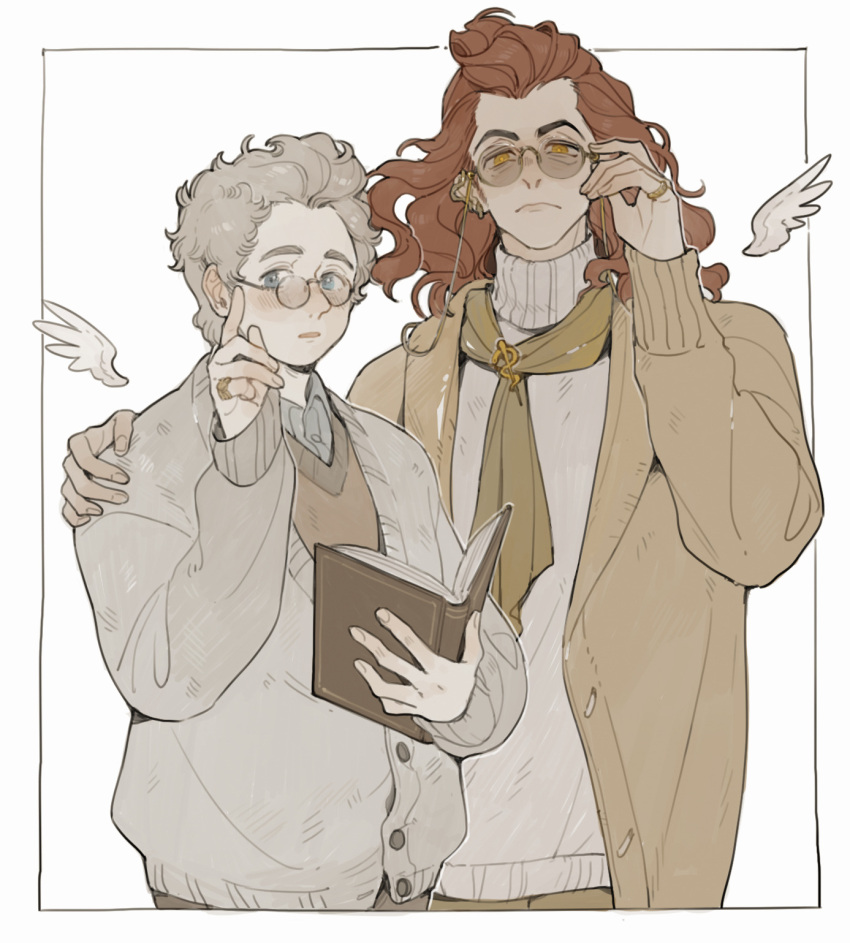 Safebooru - 2boys adjusting eyewear angel aziraphale (good omens ...