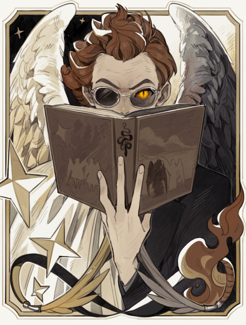 Safebooru - 1boy angel book crowley (good omens) demon boy feathered ...