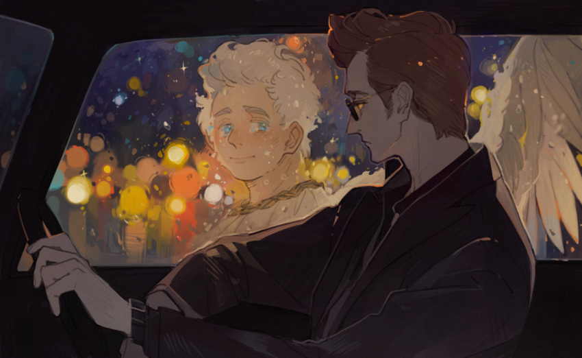 Safebooru - 2boys angel aziraphale (good omens) blue eyes crowley (good ...
