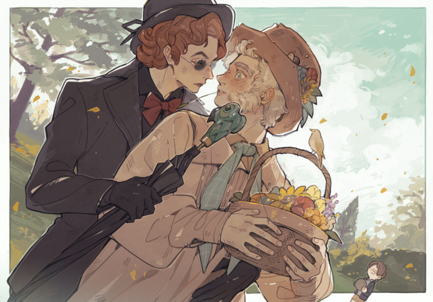 Safebooru - 3boys angel aziraphale (good omens) blue eyes crowley (good ...