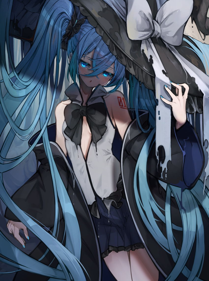 Safebooru - 1girl :o aqua eyes aqua hair aqua nails bare shoulders black bow black bowtie black ...