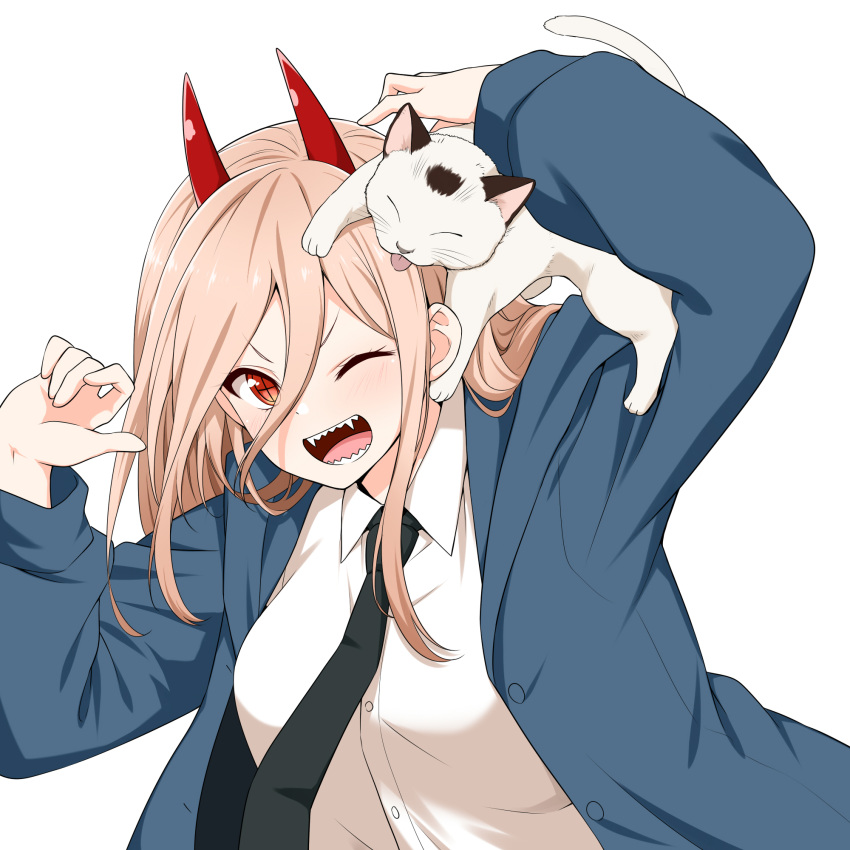 Safebooru - 1girl animal black necktie blonde hair cat chainsaw man felutiahime hair between ...