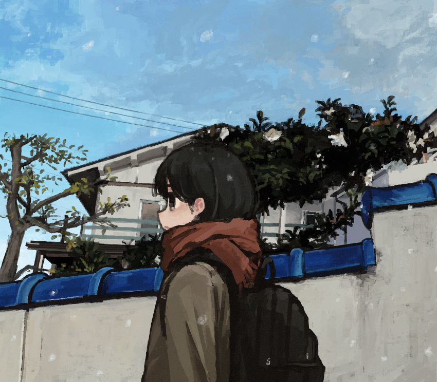 Safebooru - 1girl absurdres backpack bag black eyes black hair blue sky brown jacket clouds ...