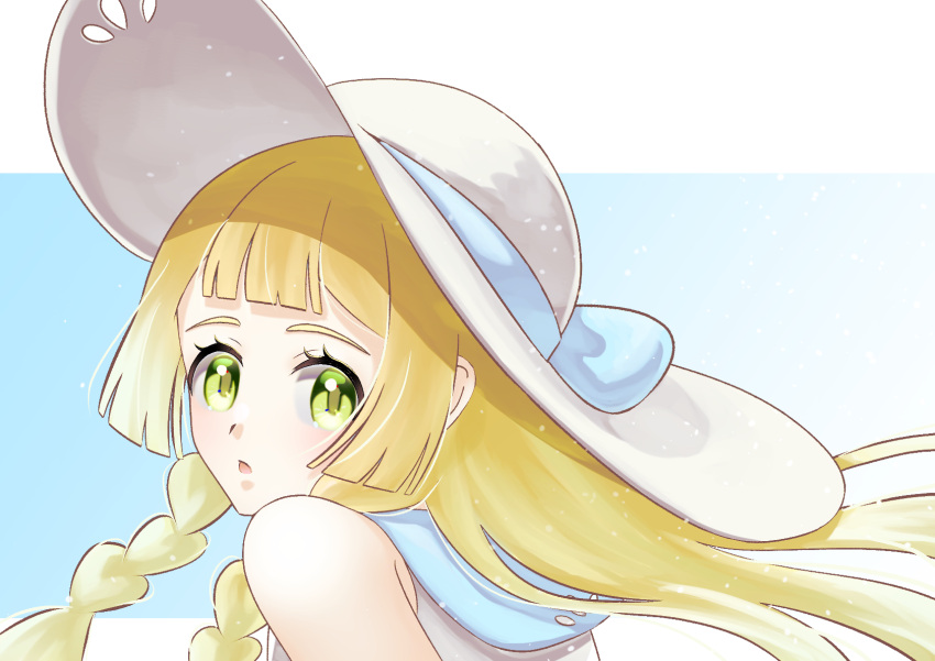 Safebooru - 1girl :o blonde hair blue background blunt bangs braid commentary request dress ...
