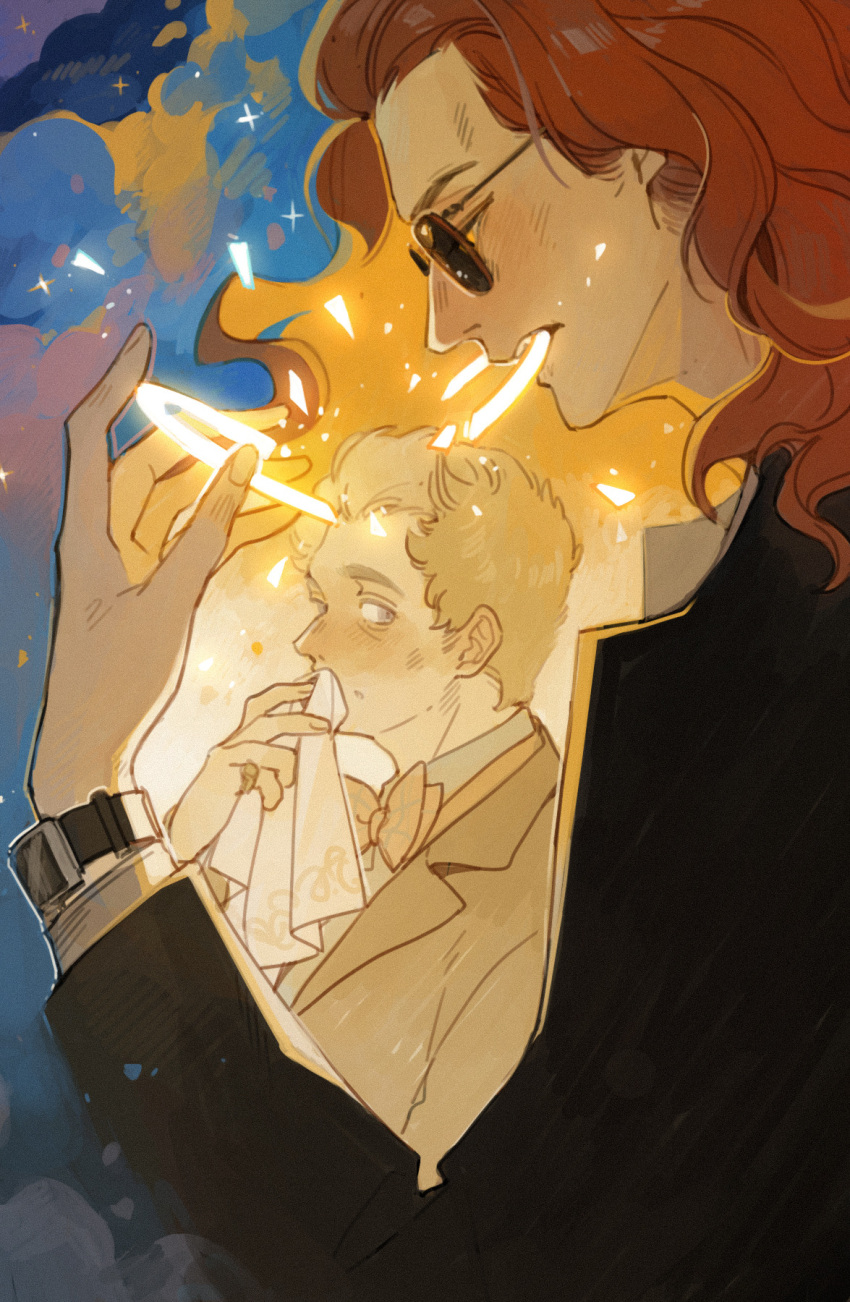 Safebooru - 2boys angel aziraphale (good omens) broken halo crowley ...