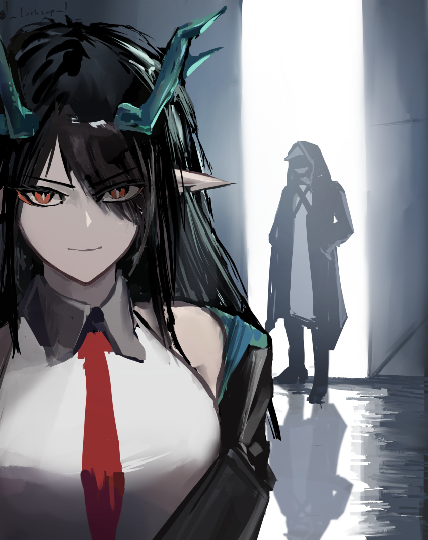 Safebooru - 1girl 1other absurdres arknights black hair bright pupils ...