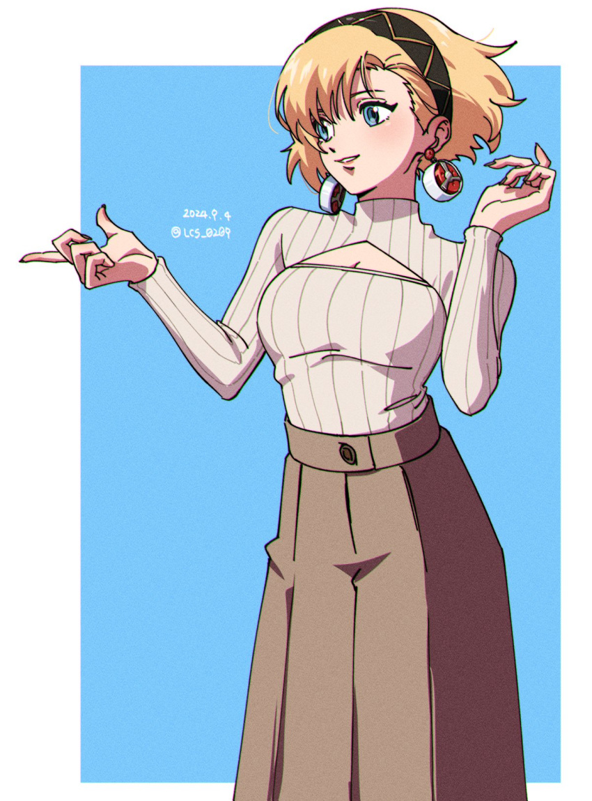 Safebooru - 1girl aegis (persona) black hairband blonde hair blue background blue eyes border ...