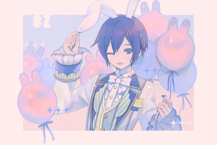 Safebooru - 1boy animal ears balloon blue eyes blue hair blue nails ...