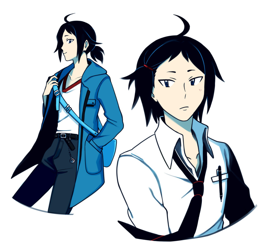 Safebooru - 1boy ahoge alternate costume belt black hair blue jacket blue necktie cheren ...