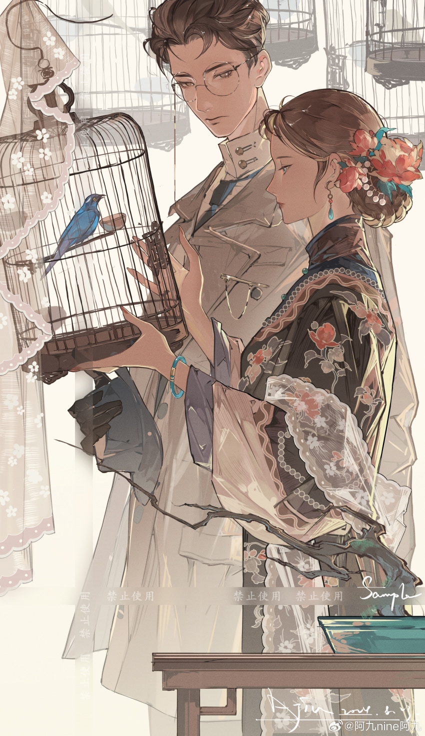 Safebooru - 1boy 1girl absurdres ajiu nine ajiu bird bird request birdcage bishounen black dress ...