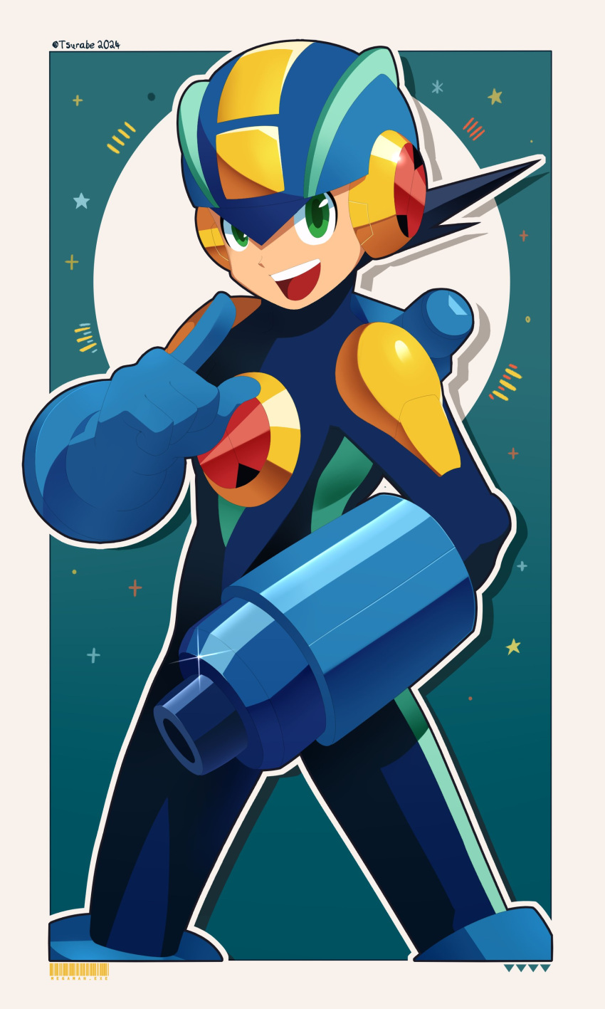 Safebooru - 1boy absurdres aqua background arm cannon artist name blue ...