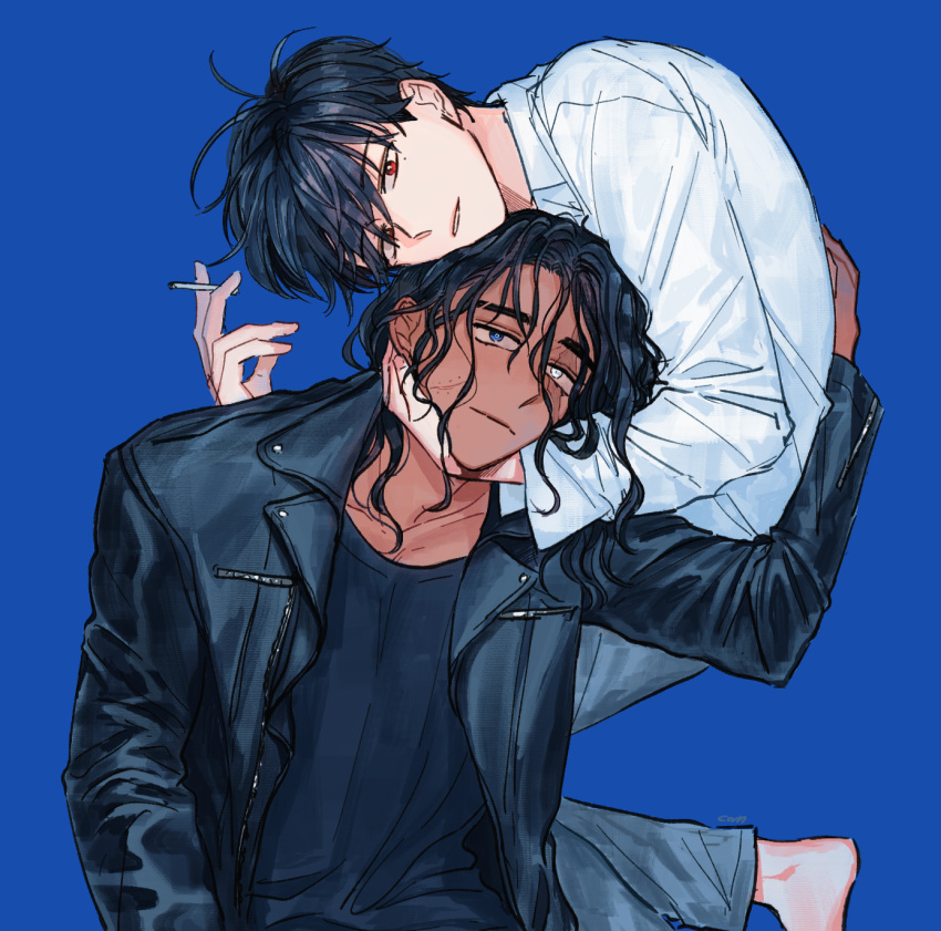 Safebooru - 2boys barefoot black hair blue background blue eyes brothers cigarette collared ...