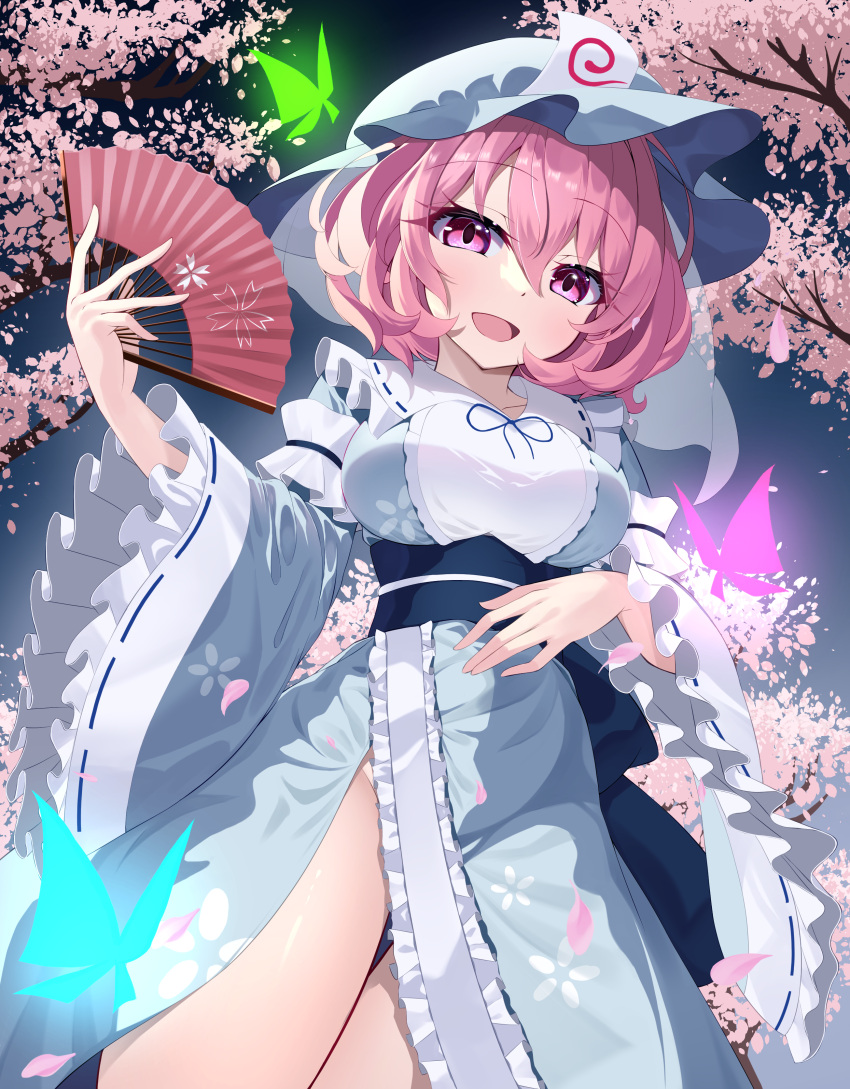 Safebooru - 1girl absurdres blue hat blue kimono blush bug butterfly cherry blossoms commentary ...