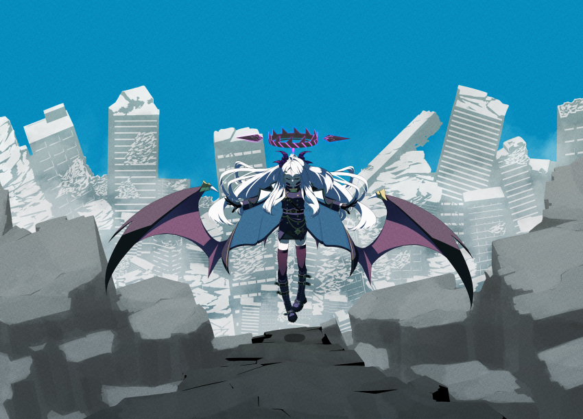 Safebooru - 1girl absurdres ahoge belt black horns blue archive blue background broken window ...