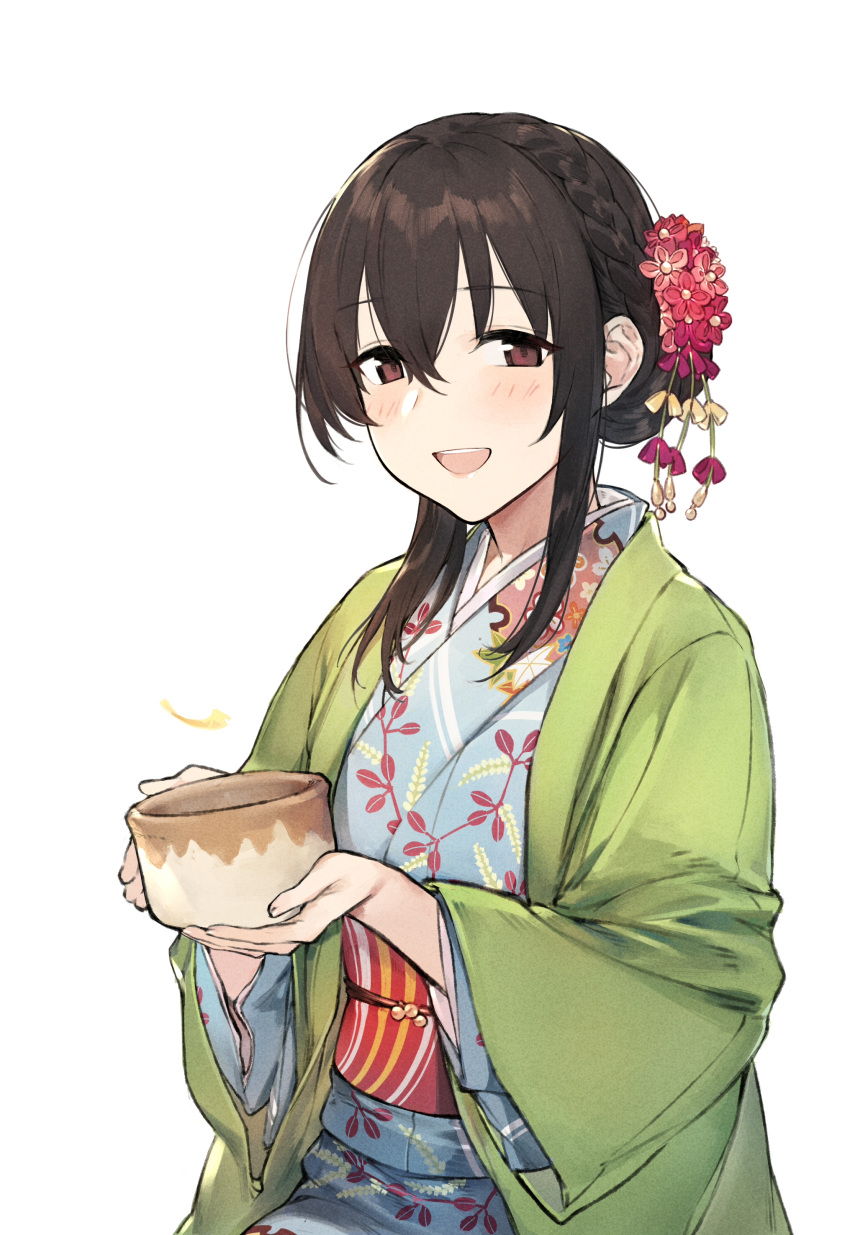 Safebooru - 1girl :d absurdres alternate hairstyle bangs black hair blue kimono braid brown eyes ...