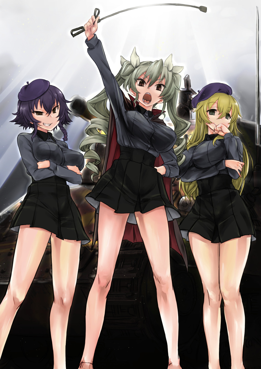 Safebooru - 3girls absurdres anchovy (girls und panzer) arm up bare legs beret black cape black ...