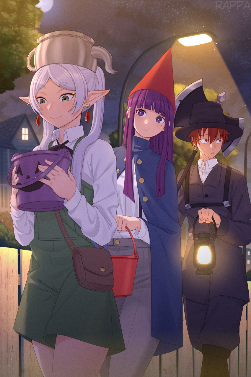 Safebooru - 1boy 2girls absurdres axe bag battle axe black hat black jacket blue cloak cloak ...