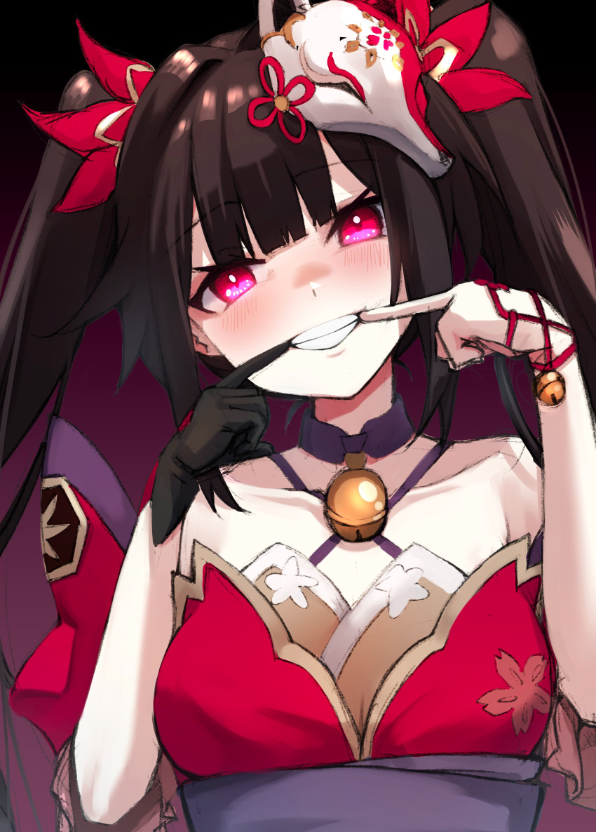 Safebooru - 1girl absurdres bare shoulders bell black choker black gloves breasts brown hair ...