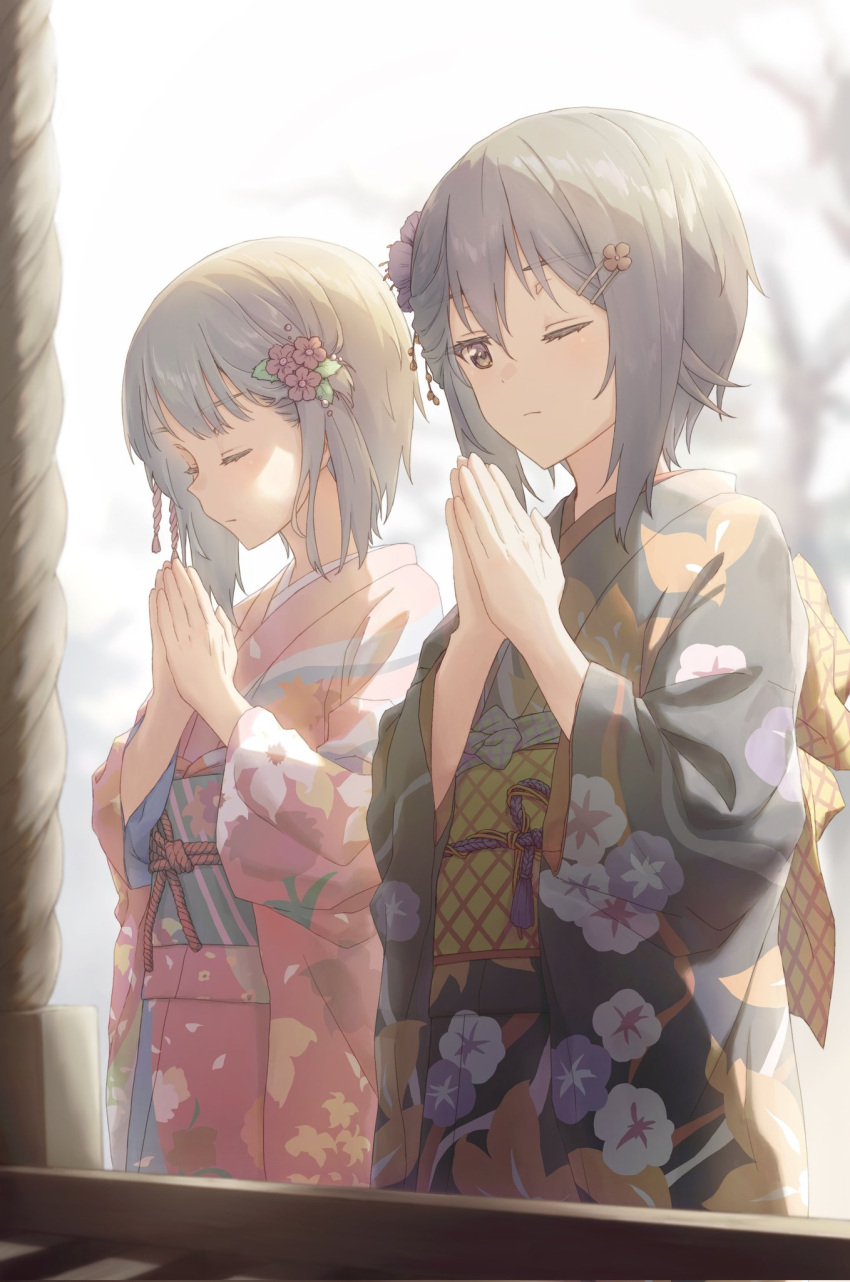 Safebooru - 2girls black kimono blurry blurry background brown eyes ...
