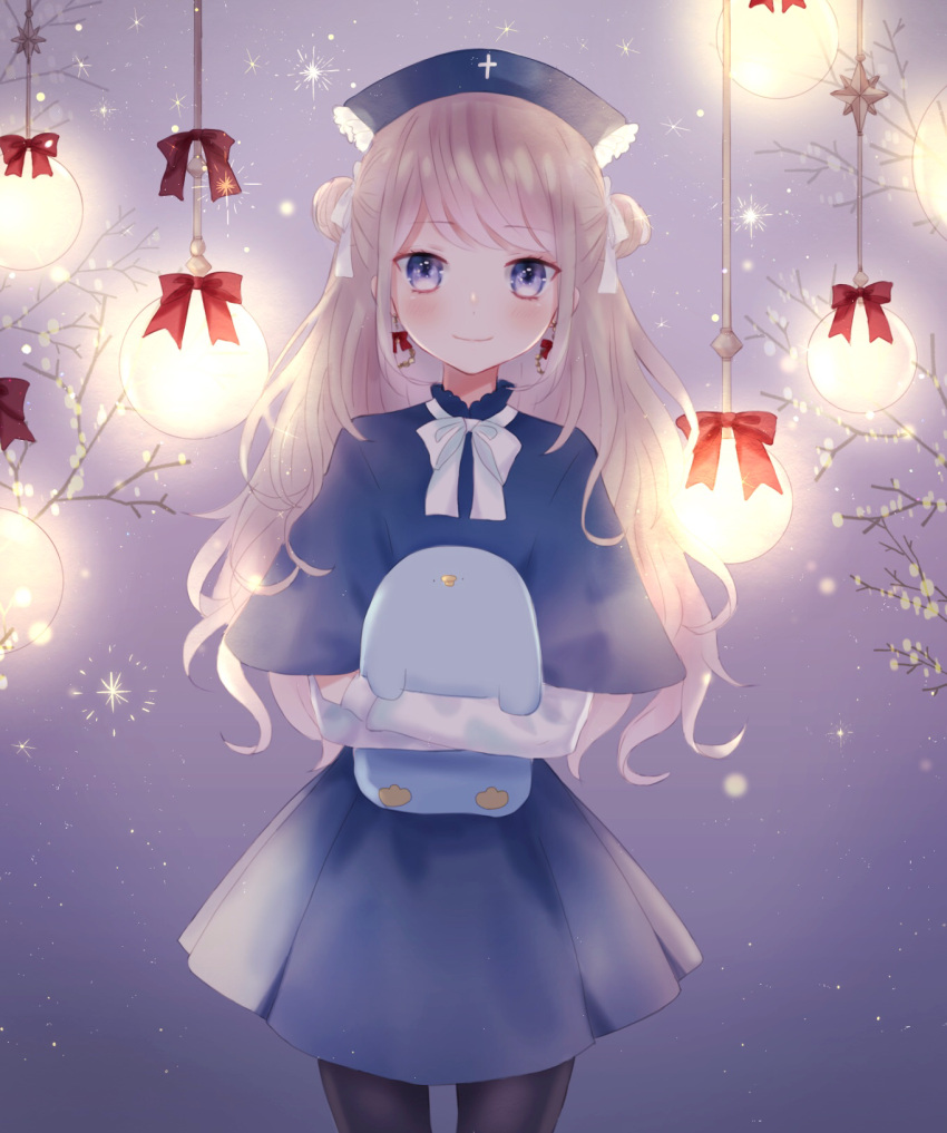 Safebooru - 1girl animal azarashi6 bird black pantyhose blonde hair blue dress blue hat blush ...