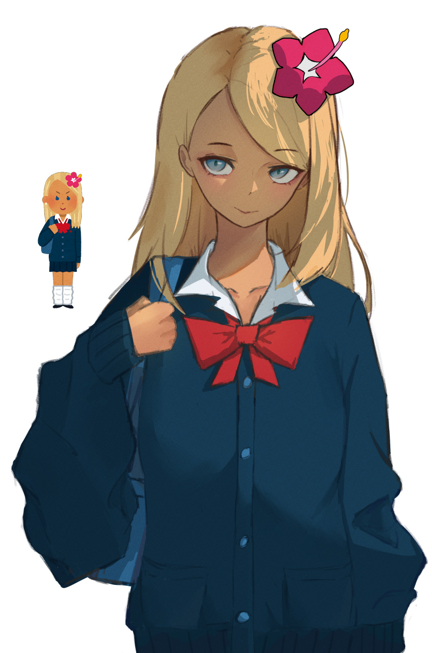 Safebooru - 1girl absurdres bag blonde hair blue eyes bow chibi chibi inset derivative work ...