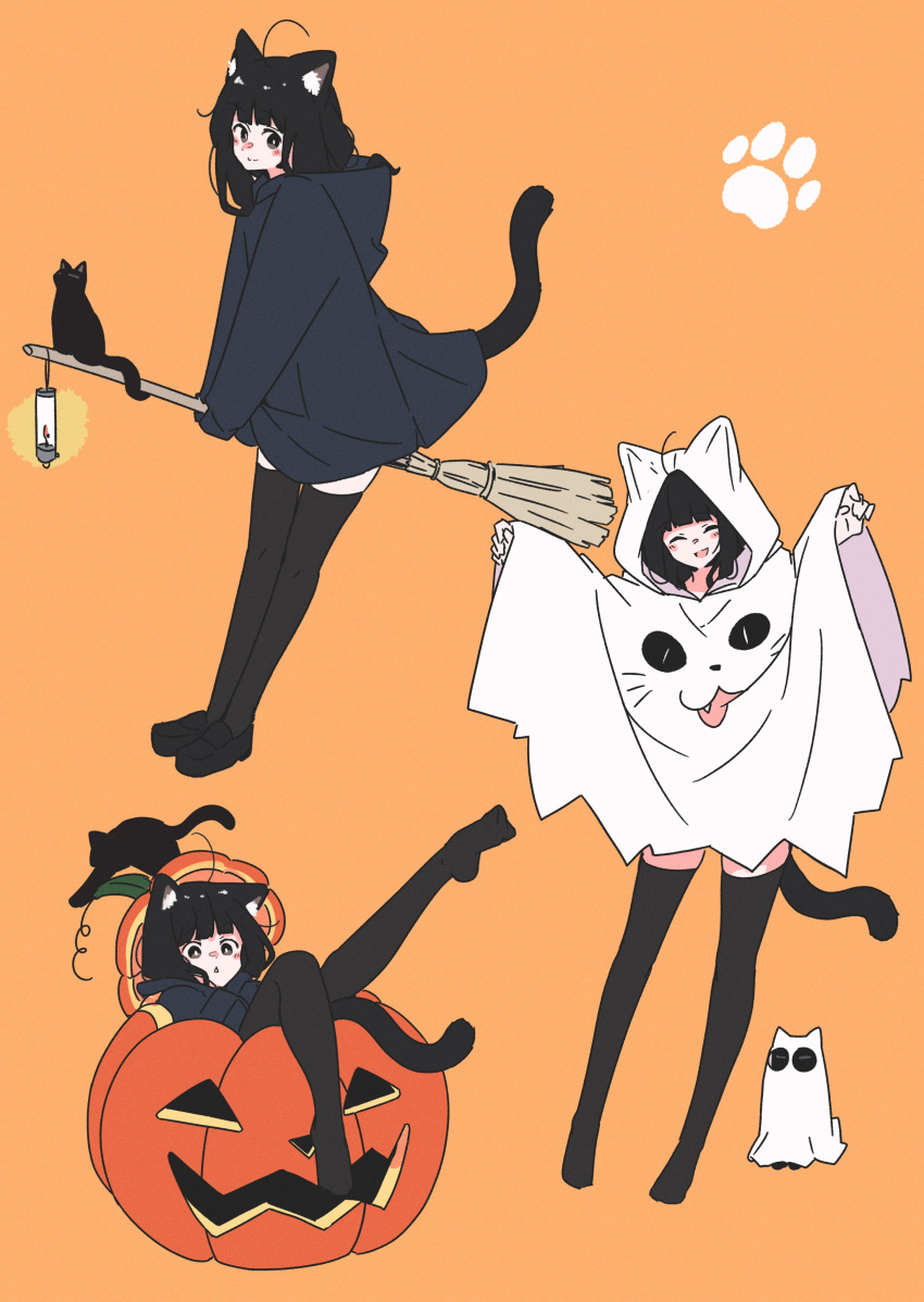 Safebooru - 1girl absurdres animal ears black cat black thighhighs blush broom capelet cat cat ...