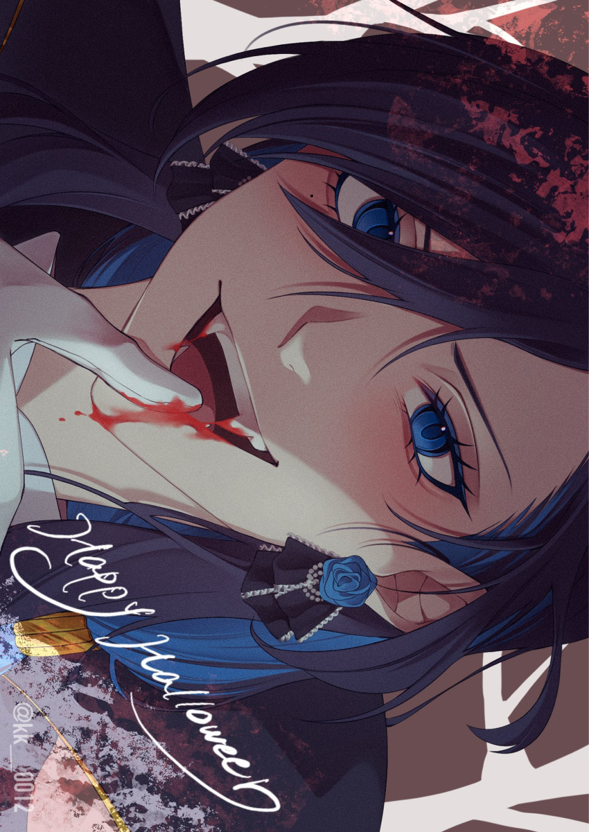 Safebooru - 1girl ado (utaite) black hair blood blood on teeth blue eyes blue hair chando (ado ...