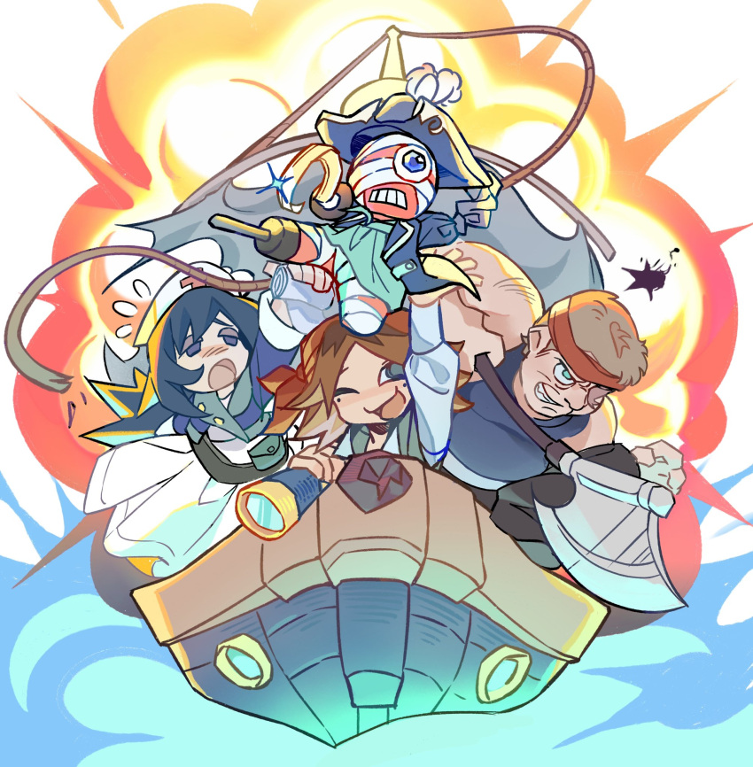 Safebooru - 1girl 4boys :d :o anya (mouthwashing) aqua eyes arm up axe ...