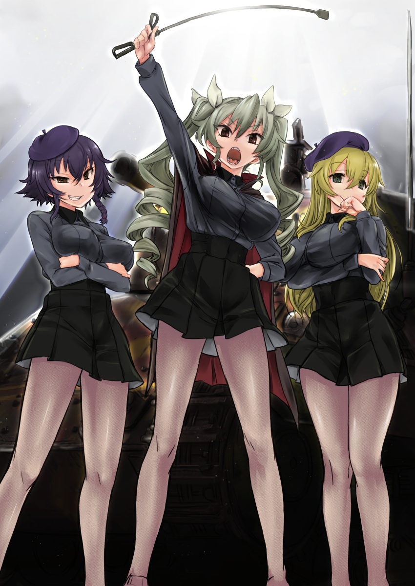 Safebooru - 3girls absurdres anchovy (girls und panzer) arm up beret black cape black hair black ...