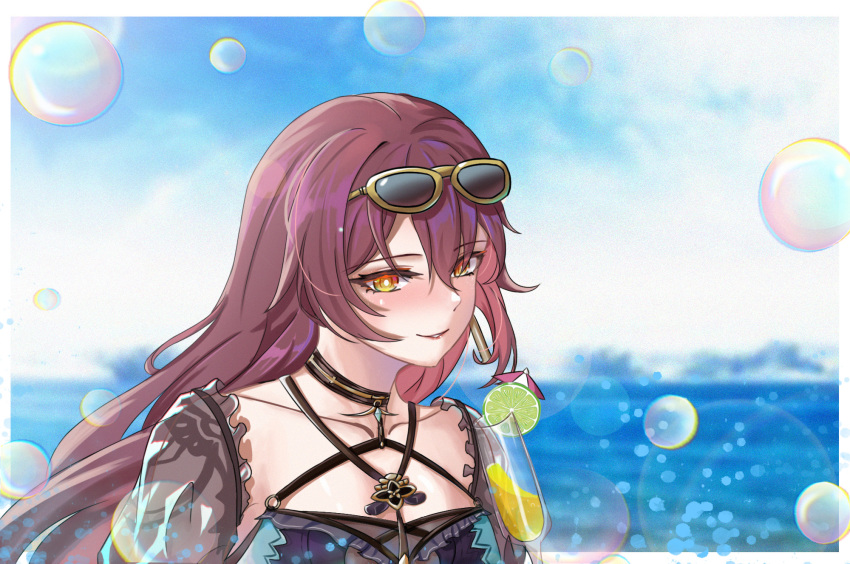 Safebooru - 1girl bikini black bikini blue sky bubble chinese commentary clouds collarbone ...