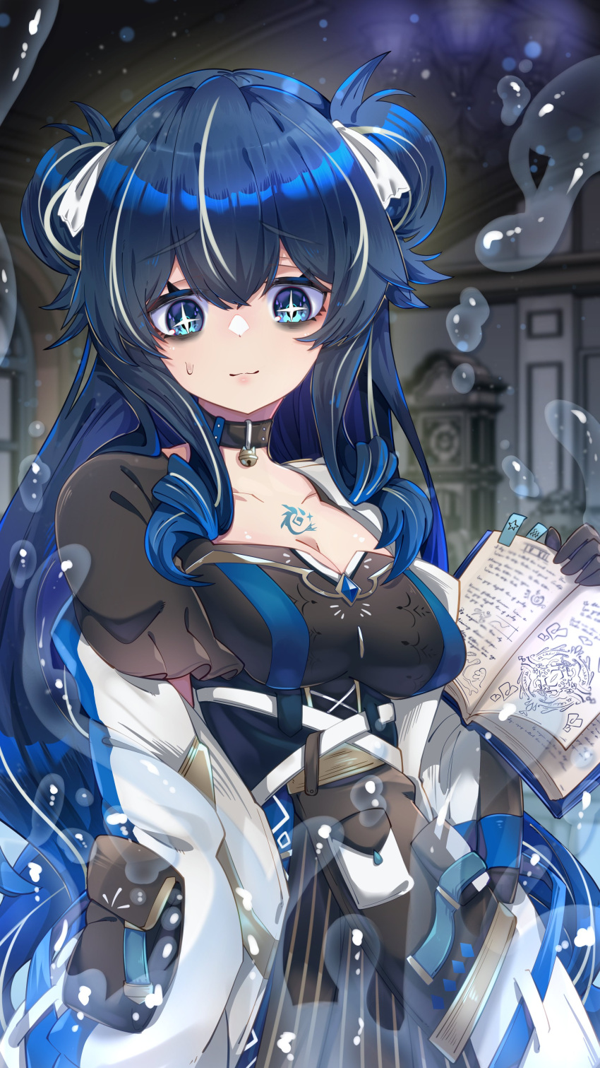 Safebooru - + + 1girl aallotar (ac8231) absurdres bell blue eyes blue hair blurry blurry ...