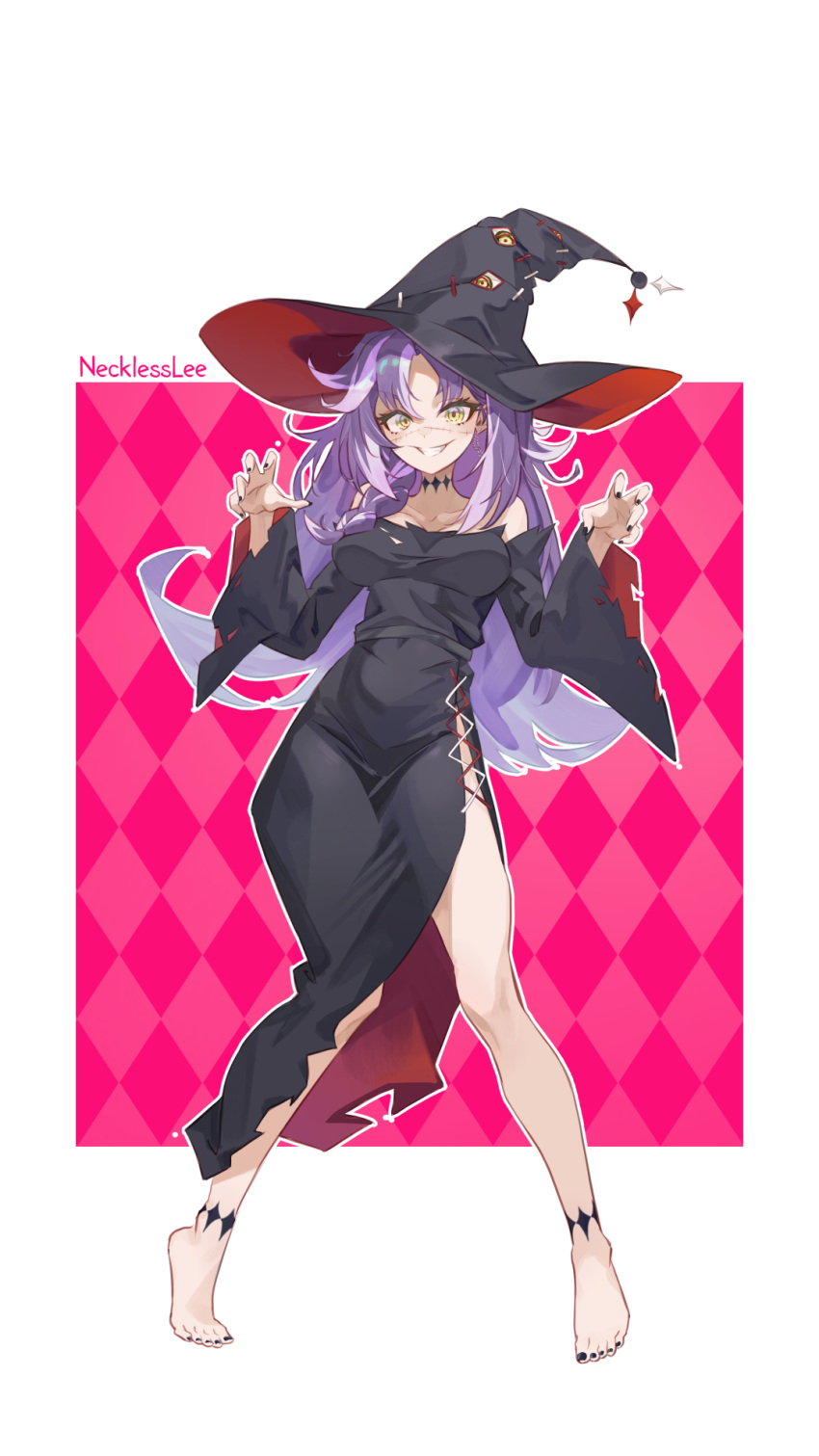 Safebooru - 1girl barefoot black dress black hat black nails dress grey hair hat highres long ...
