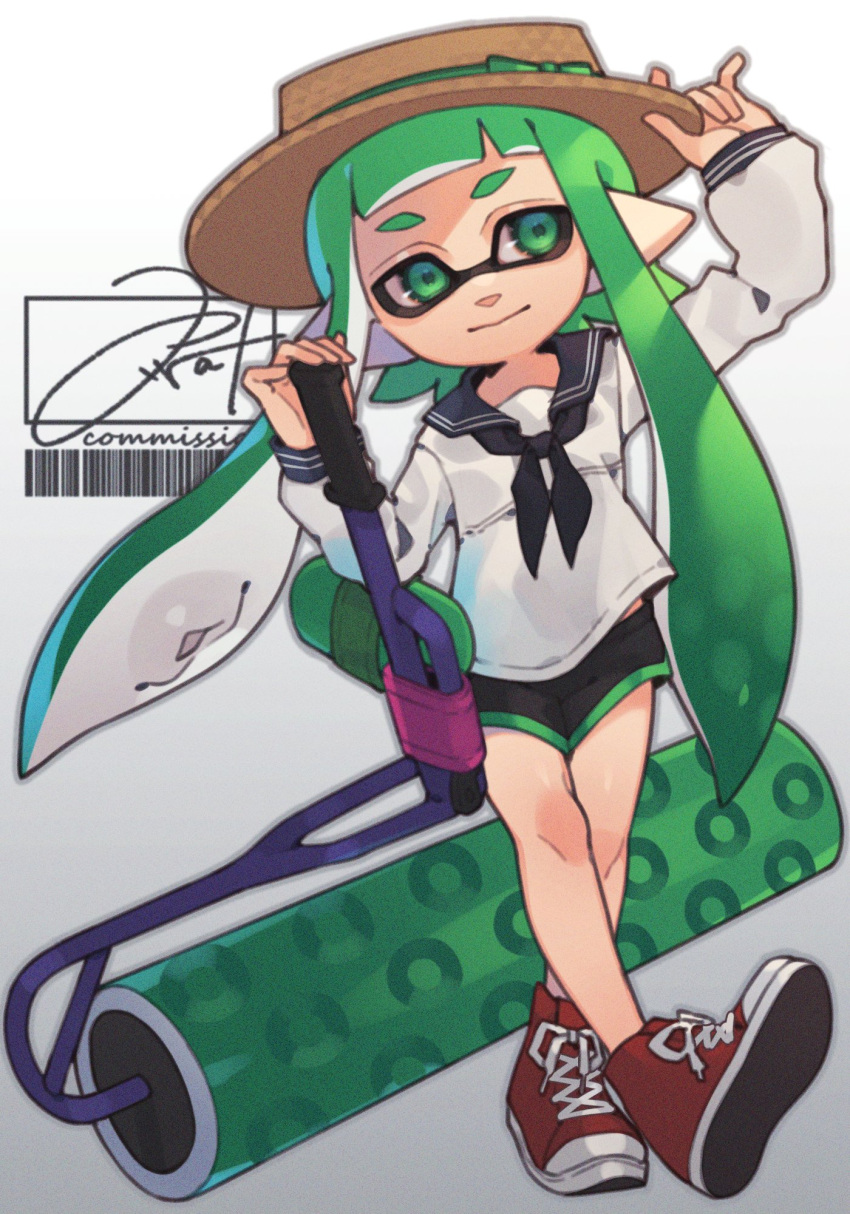 Safebooru - 1girl arm up barcode black neckerchief black shorts blue ...