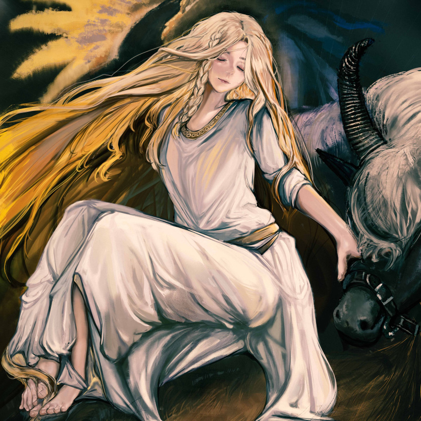 Safebooru - 1boy absurdres barefoot blonde hair braid closed eyes closed mouth commentary dress ...