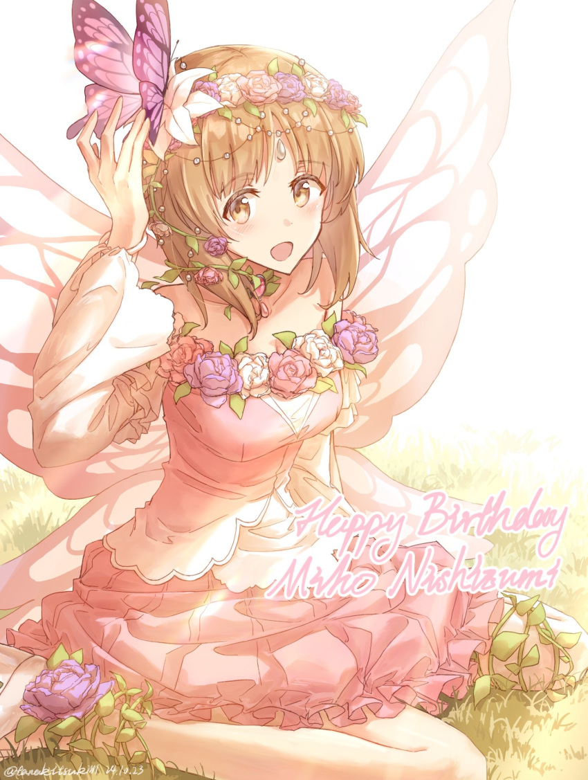 Safebooru - 1girl brown eyes brown hair bug butterfly butterfly on head collarbone dress dress ...