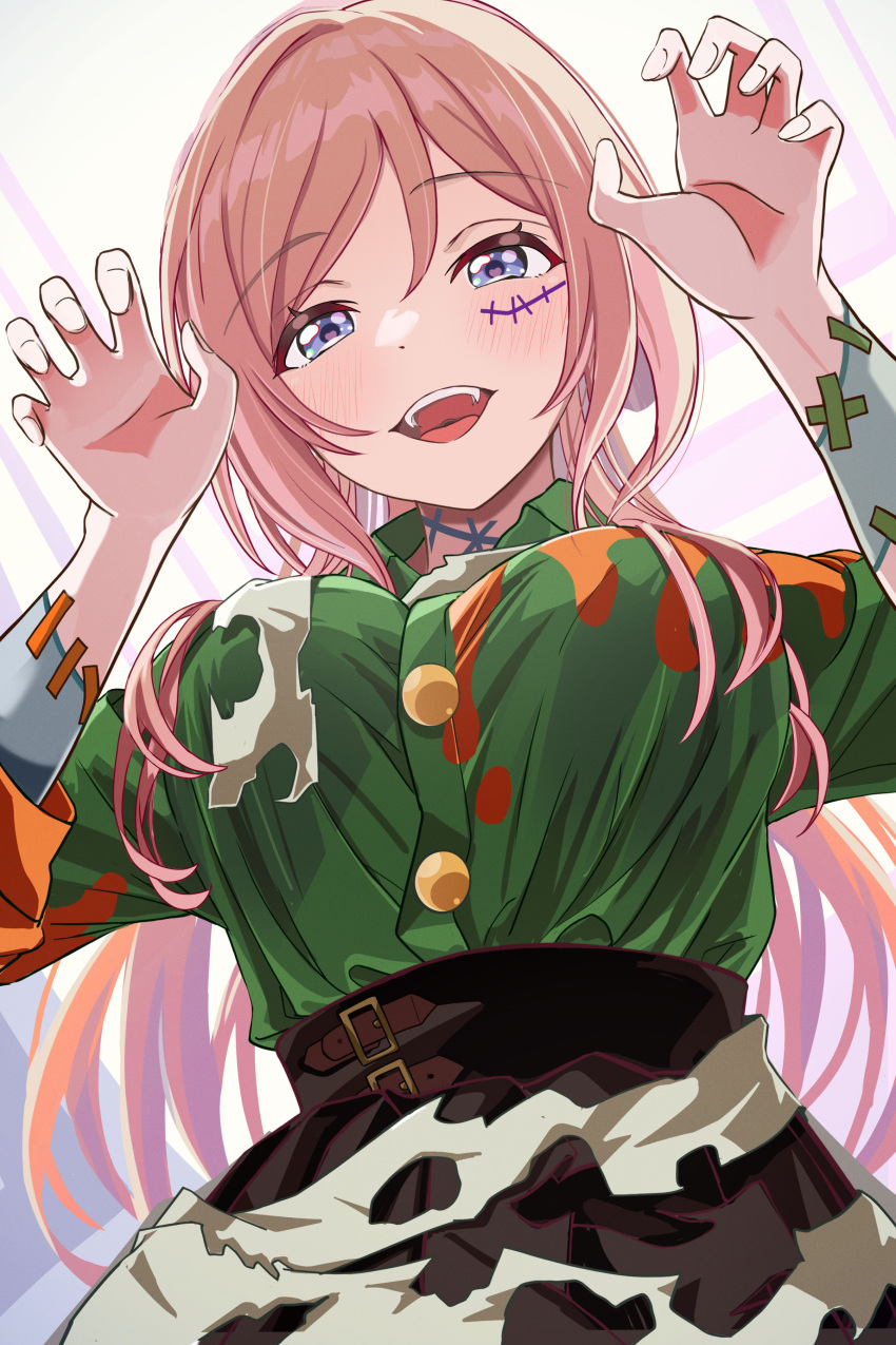 Safebooru - 1girl absurdres blue eyes brown hair claw pose fake scar ...