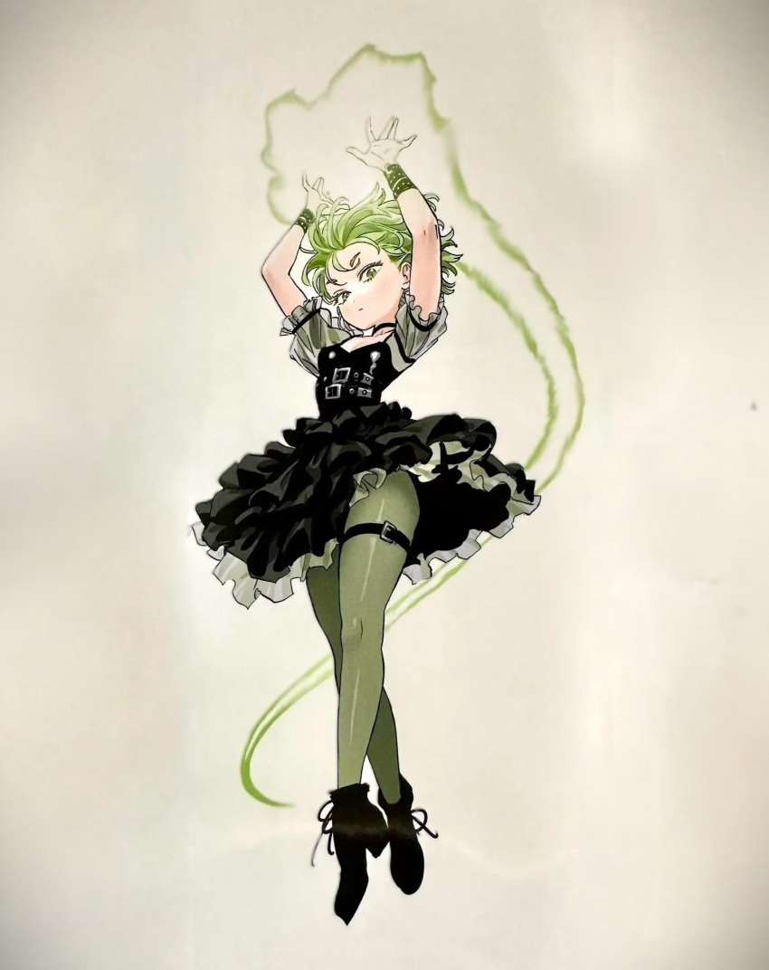 Safebooru - armband arms up belt black dress black footwear boots breasts dress frilled dress ...