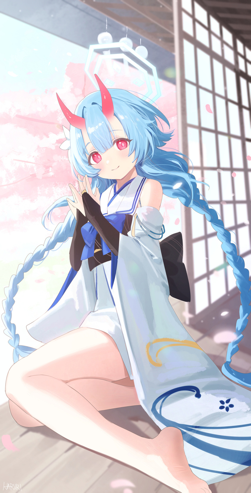 Safebooru - 1girl back bow bare shoulders barefoot black bow blue archive blue bow blue hair ...