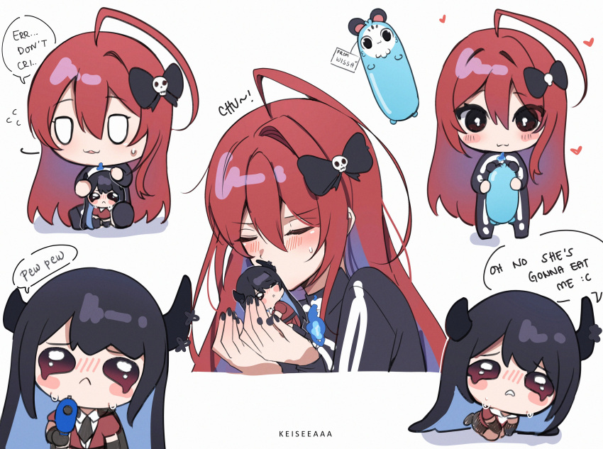 Safebooru - 2girls absurdres ahoge alternate costume asymmetrical horns black hair blue hair ...