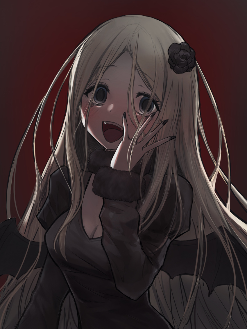 Safebooru - 1girl absurdres black dress blonde hair blush dark background demon girl demon wings ...