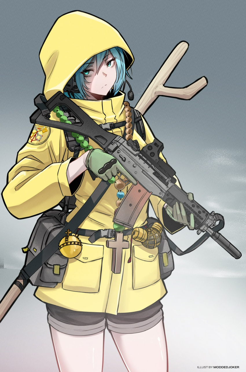 Safebooru - 1girl ak-12 assault rifle bead necklace beads blue eyes ...