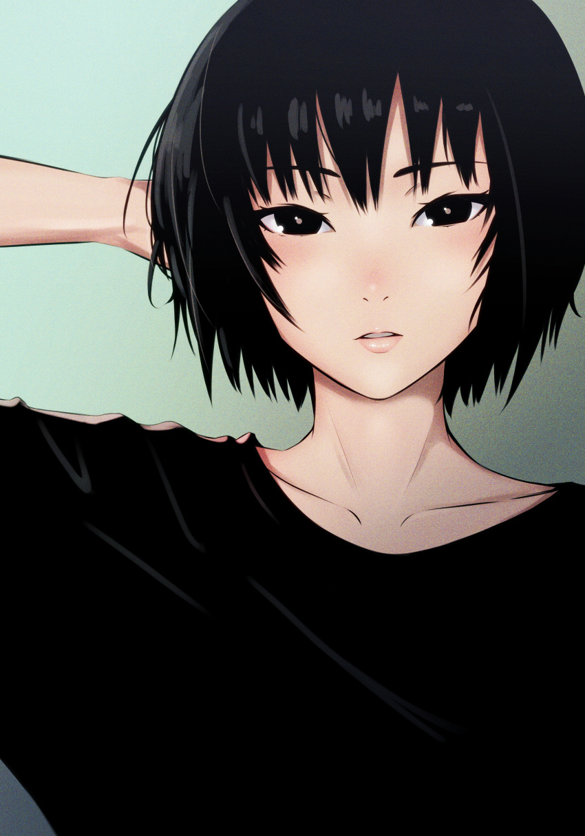 Safebooru - 1girl absurdres amagami aqua background arm behind head arm up black eyes black hair ...