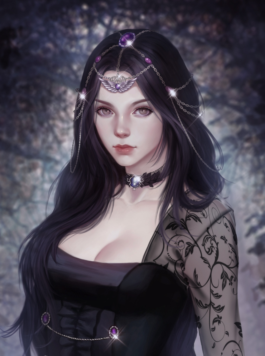 Safebooru - 1girl absurdres black dress black hair breasts brown eyes choker cleavage closed ...