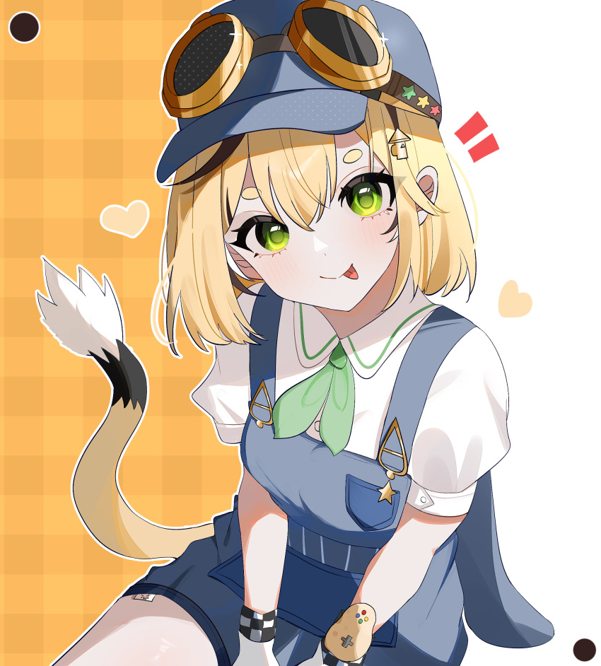 Safebooru - 1girl blonde hair blue hat blue overalls checkered gloves ...