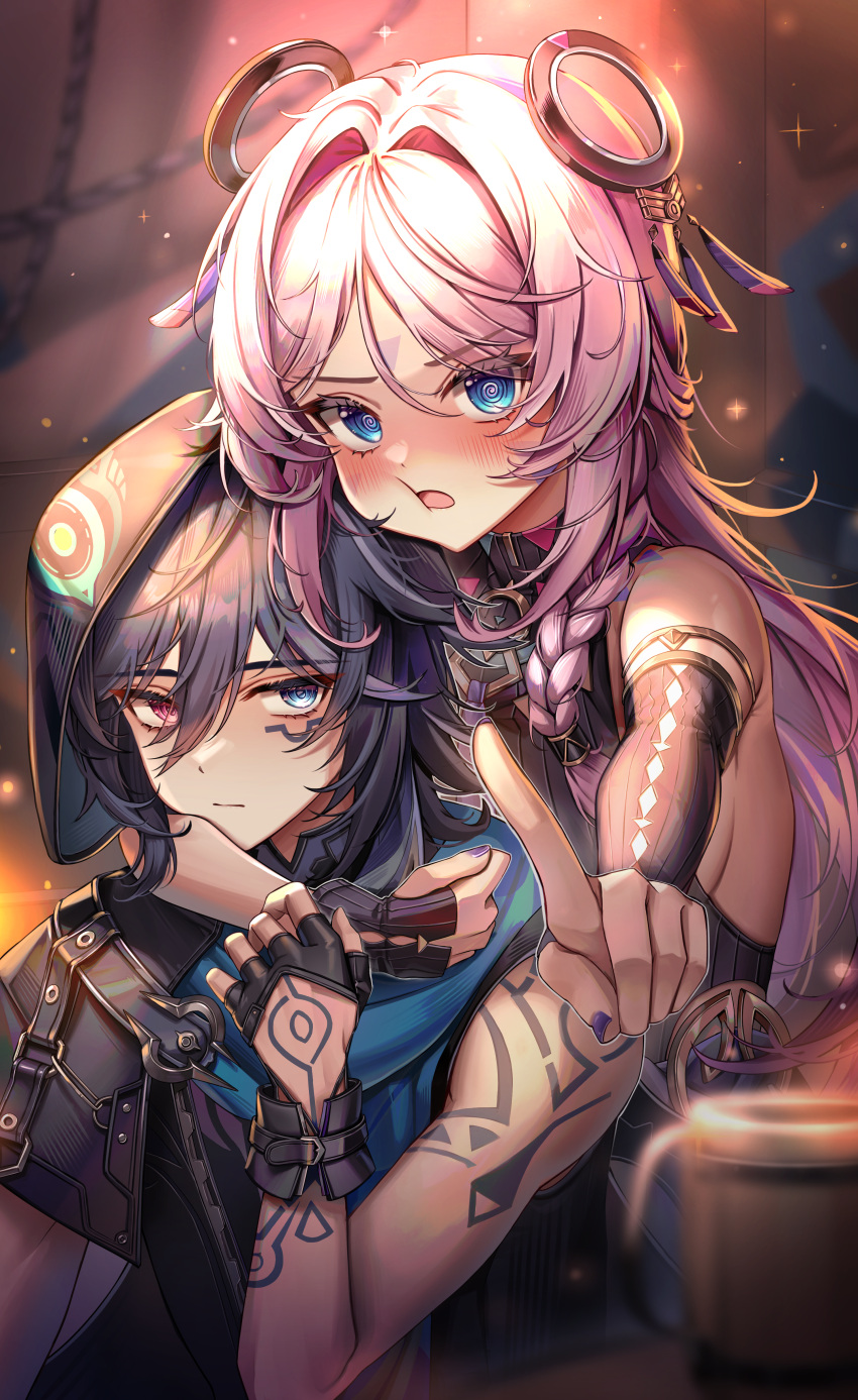 Safebooru - 1boy 1girl @ @ absurdres arm around neck arm cutout arm markings asymmetrical ...