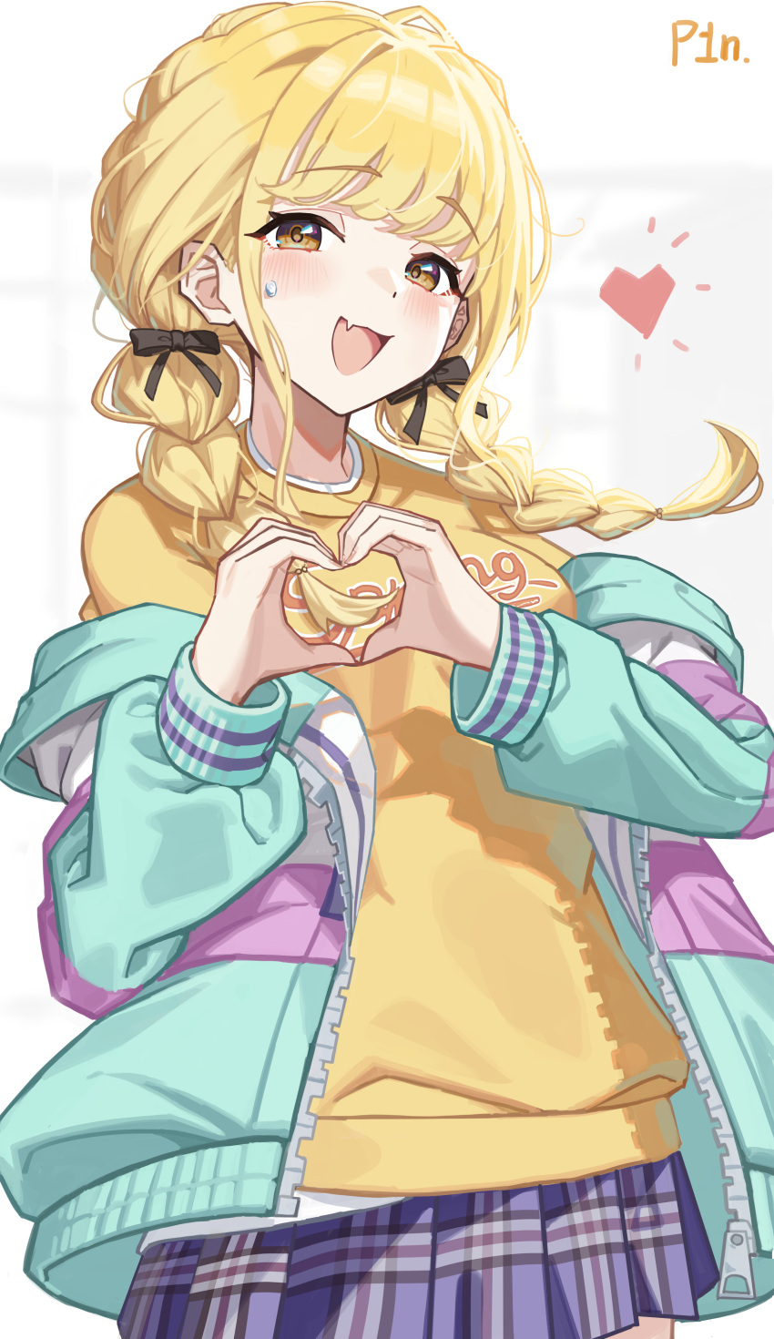 Safebooru - 1girl absurdres aqua jacket artist name black bow blonde hair blush bow braid brown ...