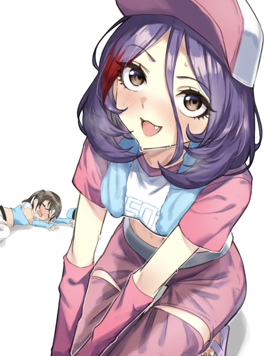 Safebooru - 2girls = = baseball cap blush cropped shirt exhausted fang ...